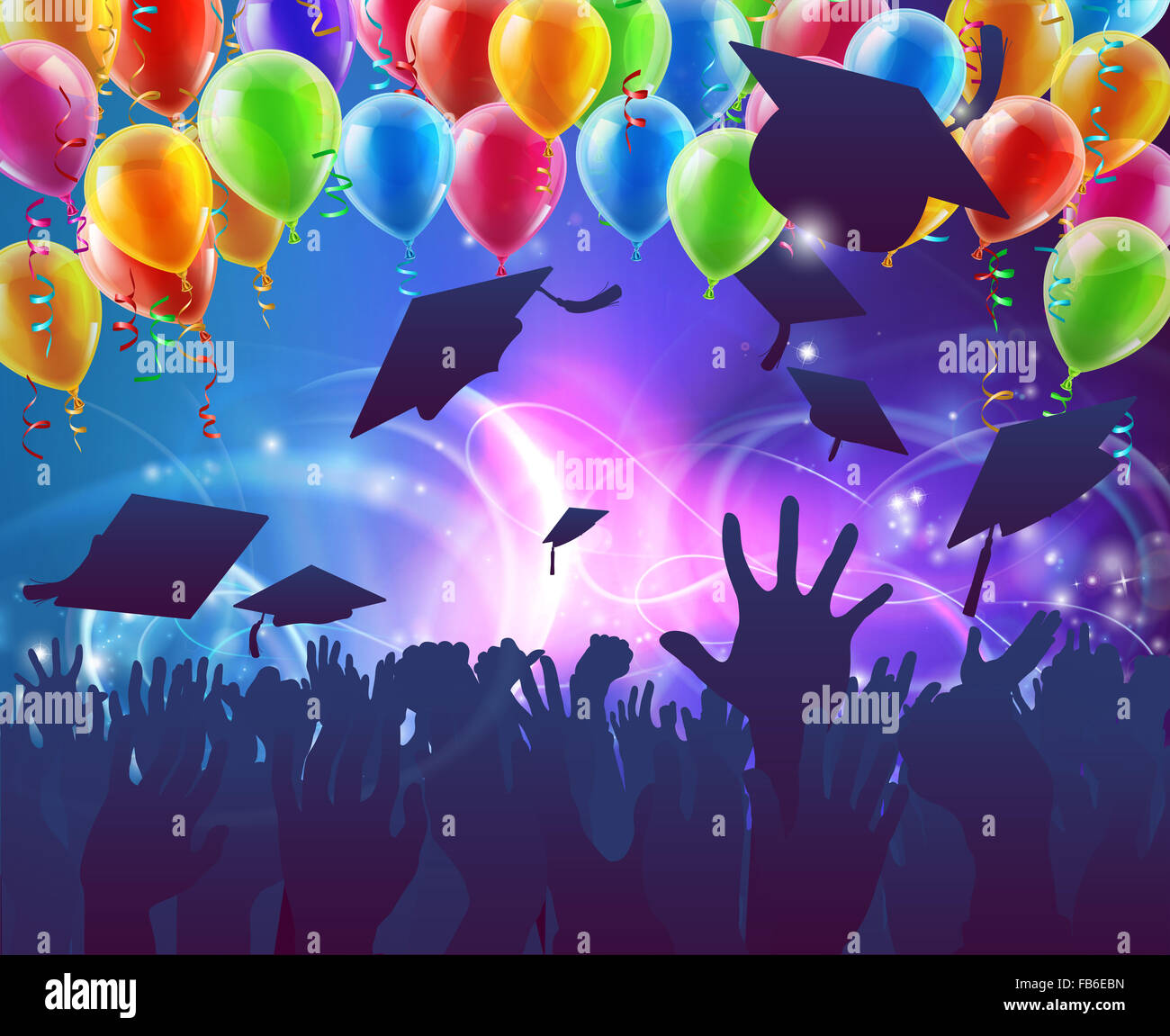 Graduation convocation crowd concept of student hands in silhouette ...