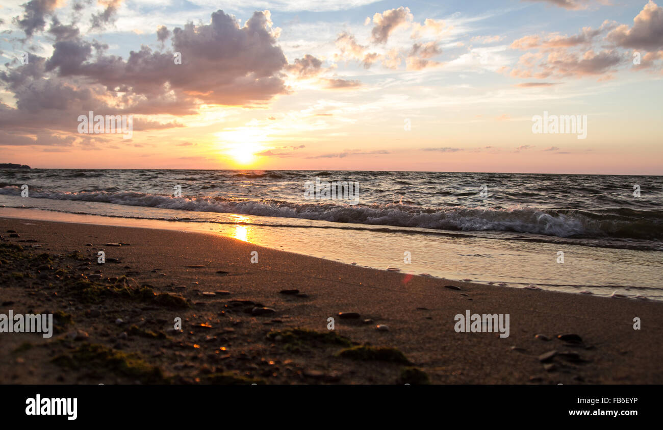 Sunset Lake Panorama. Beautiful sunset horizon with a sandy beach in ...