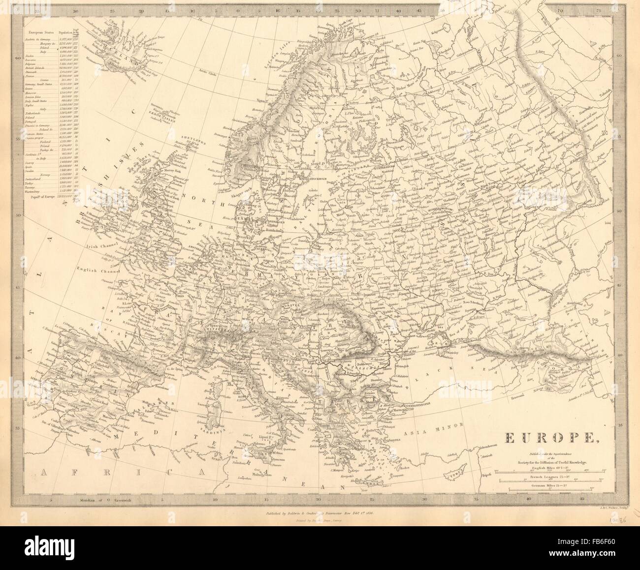 EUROPE: General map. Inset table of population & density by country ...