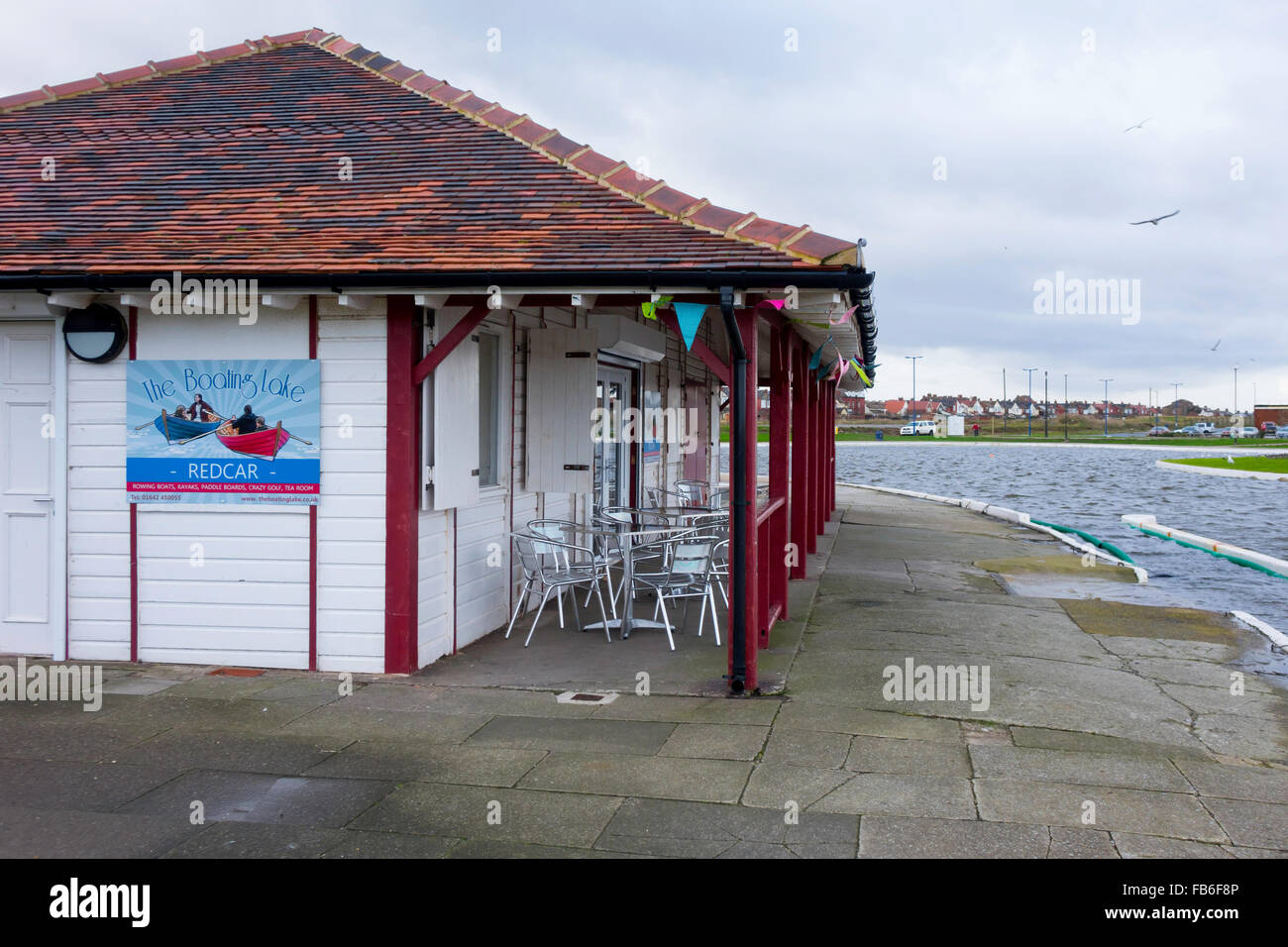Refurbished boat house and café at Redcar Boating lake out of season in ...