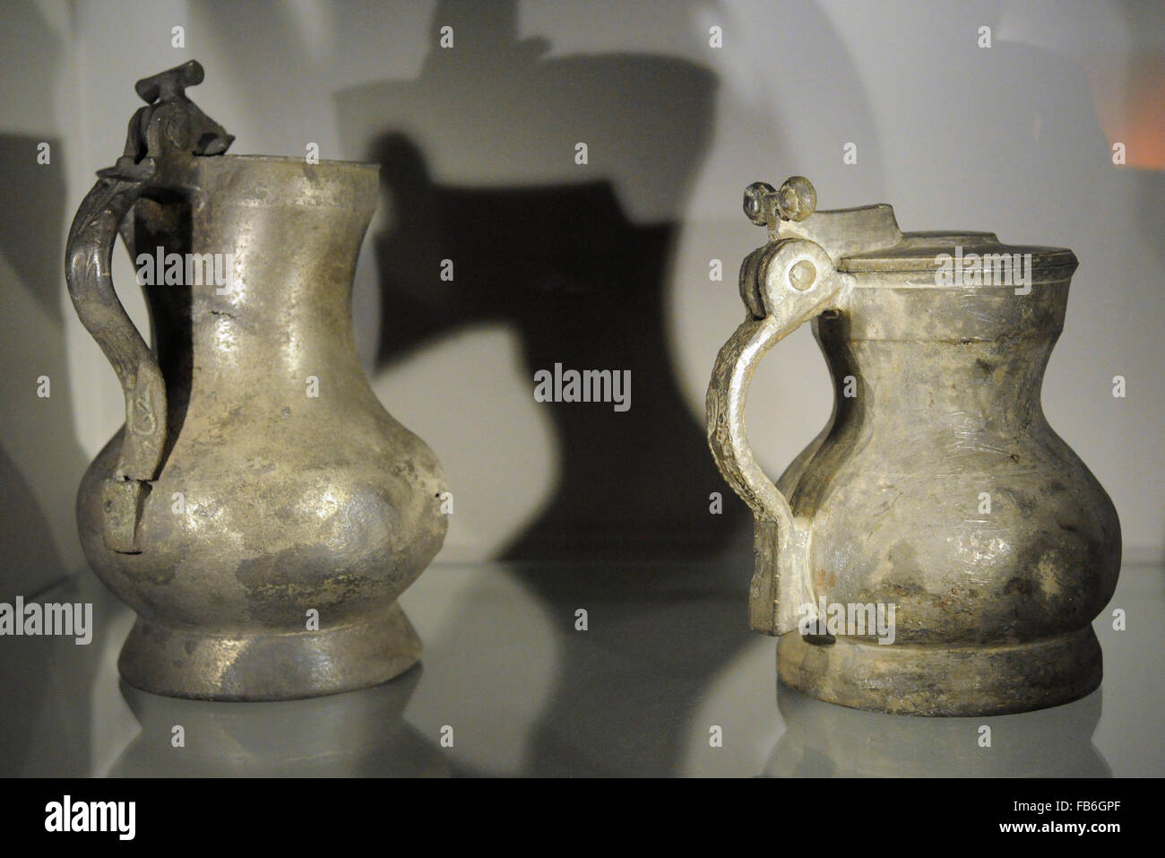 Pewter tankards with handle and lid. Medieval Museum. Stockholm. Sweden ...