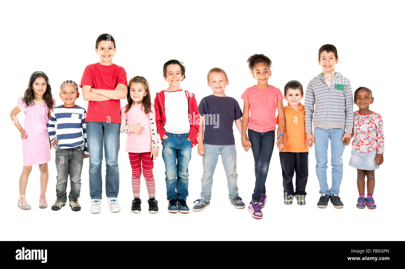 Large group of children posing isolated in white Stock Photo - Alamy