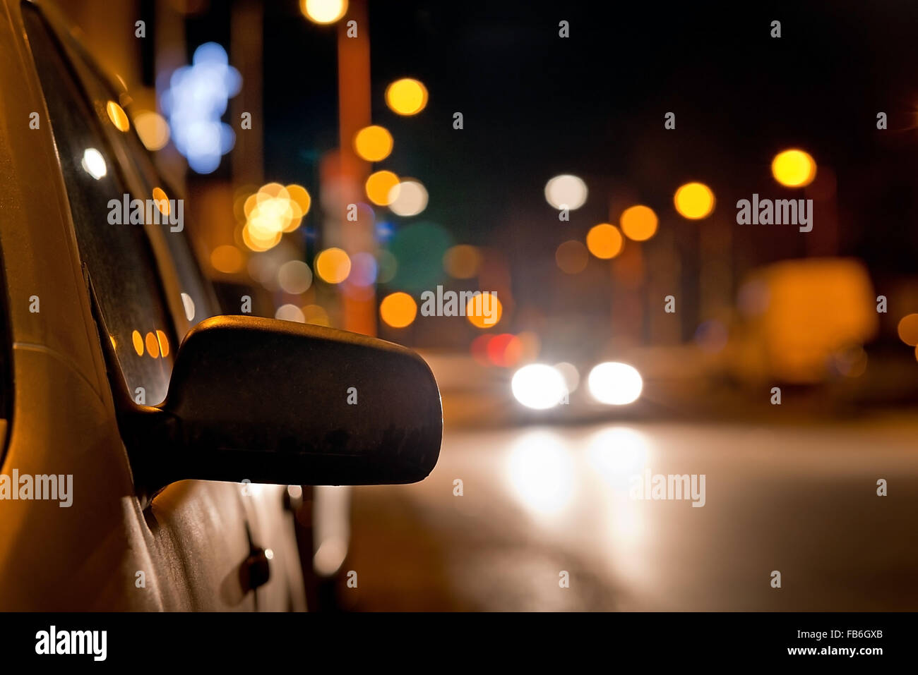 rear-view mirror of the car on the night street Stock Photo - Alamy