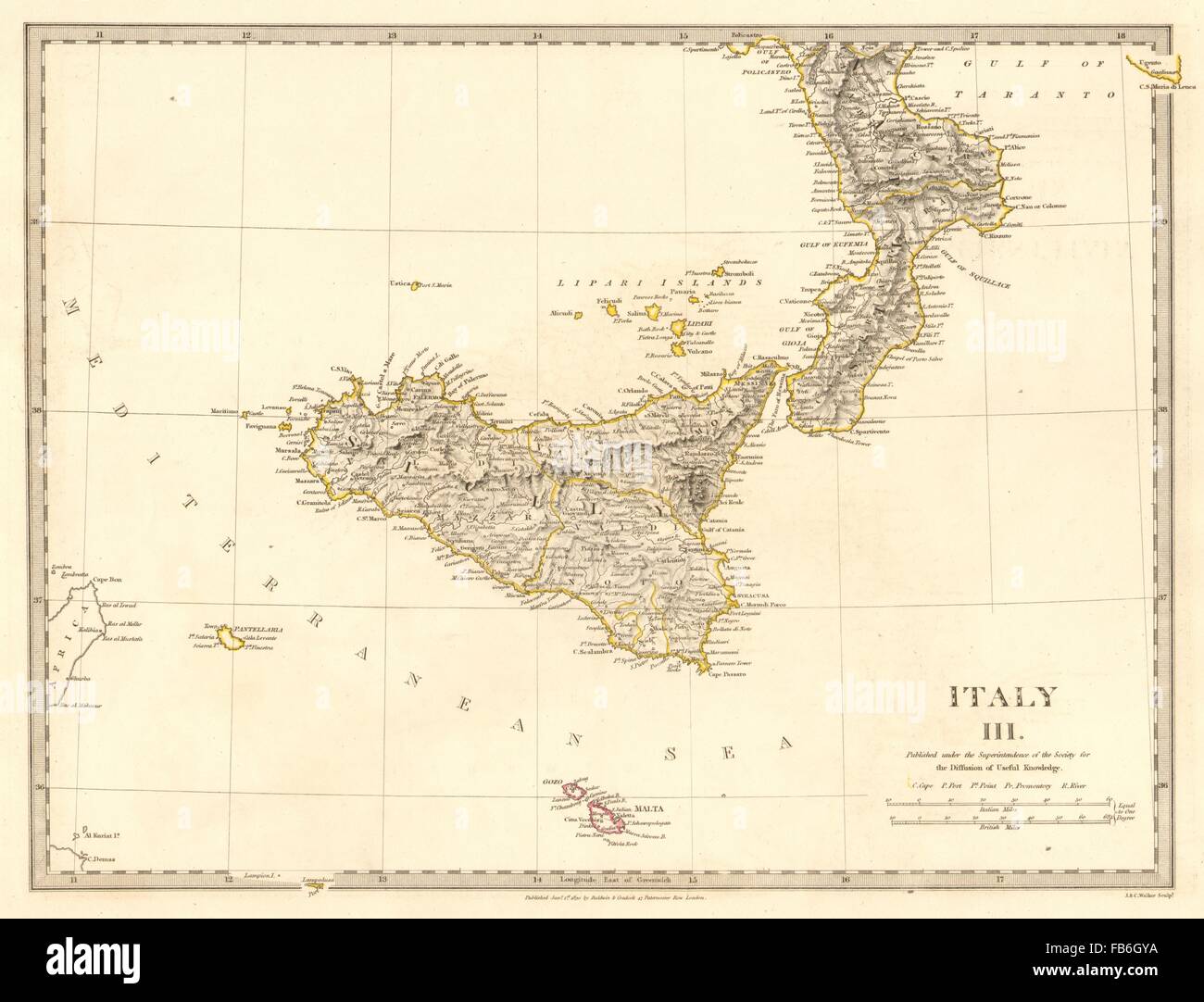 SICILY CALABRIA: Sicily Malta Gozo. Original outline colour. SDUK, 1848 ...