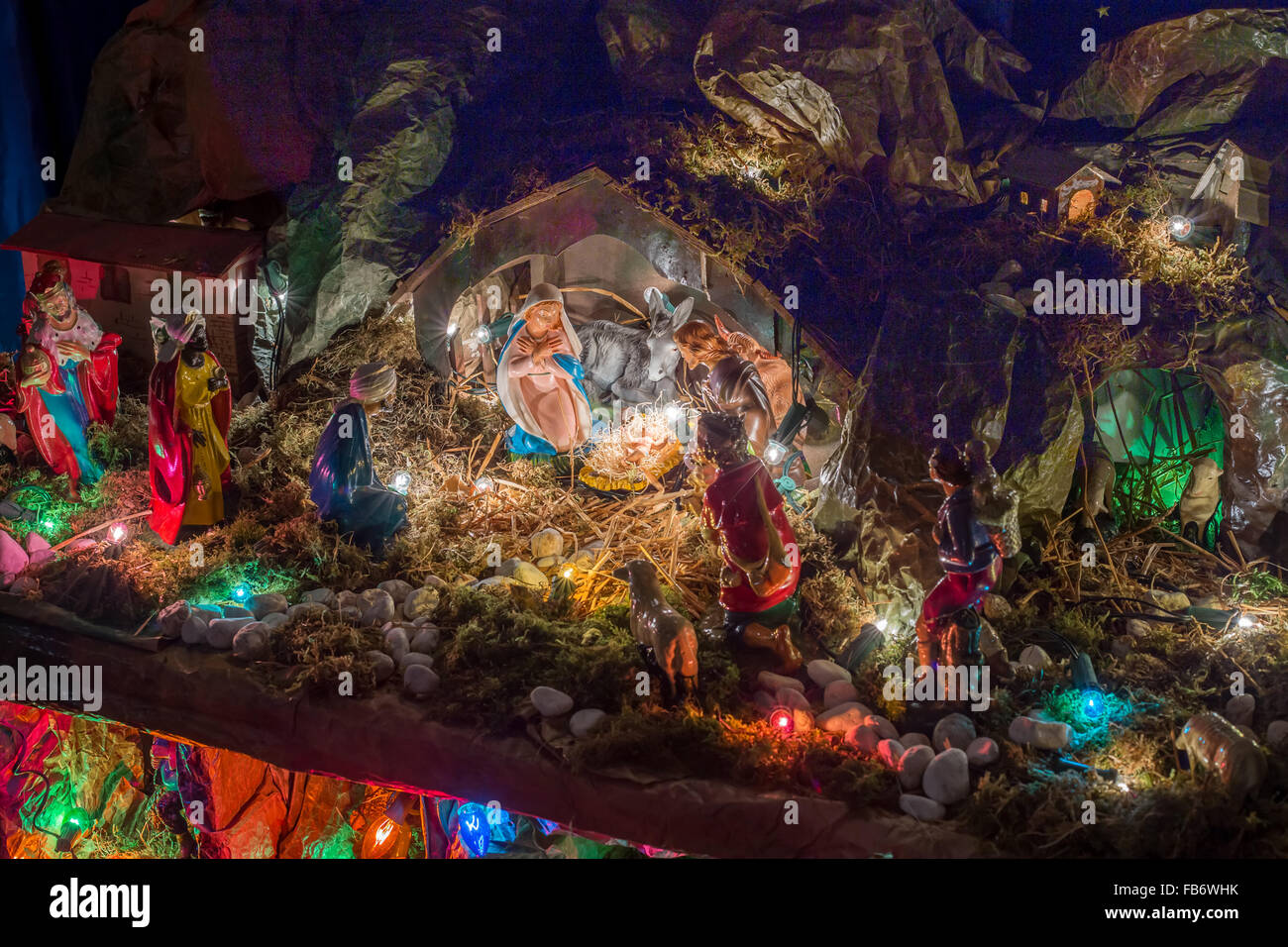 Statues in a Christmas Nativity scene, the Blessed Virgin Mary and ...