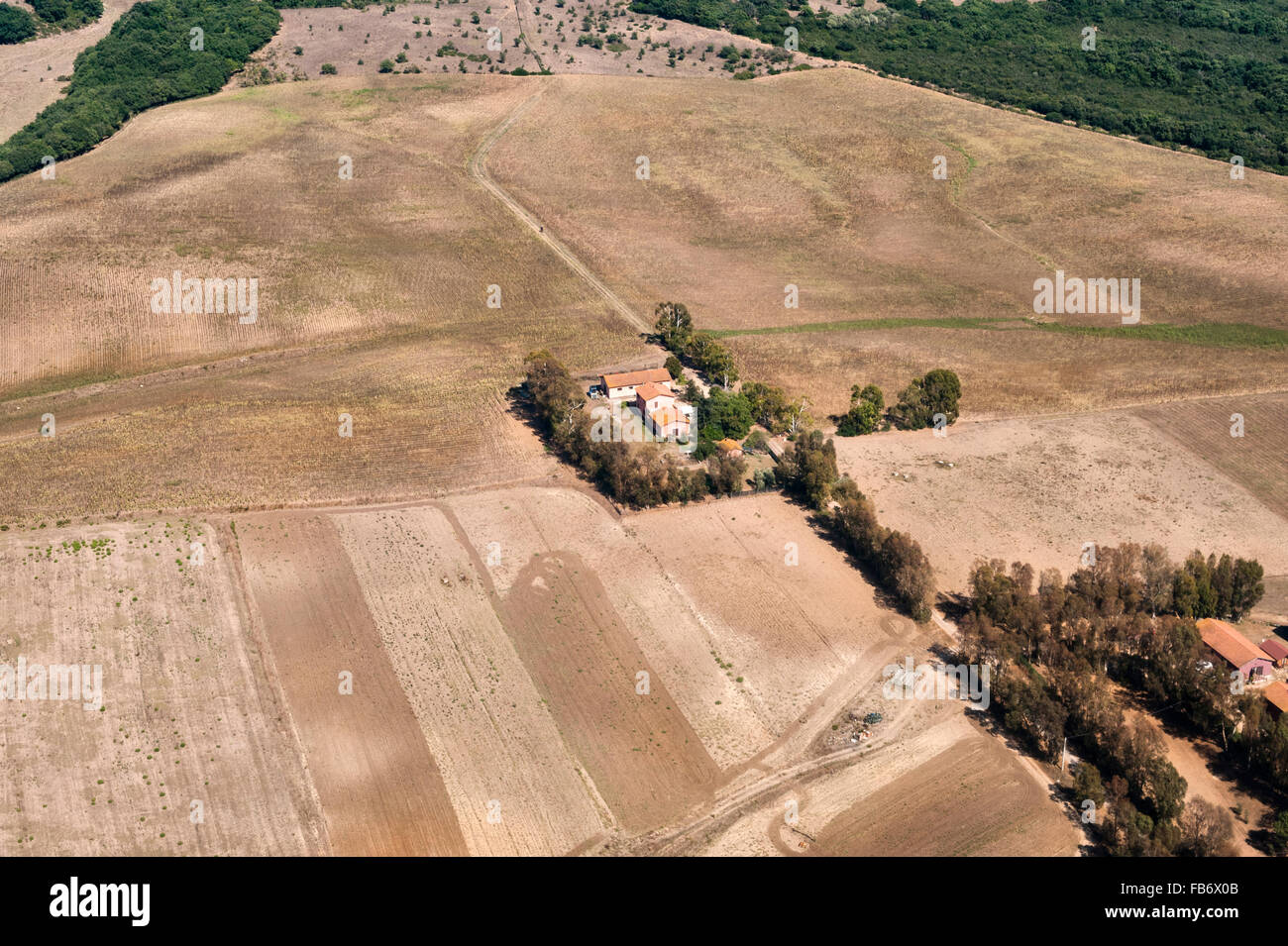 Campania, southern Italy. Sun-bleached fields surround a farm in the ...