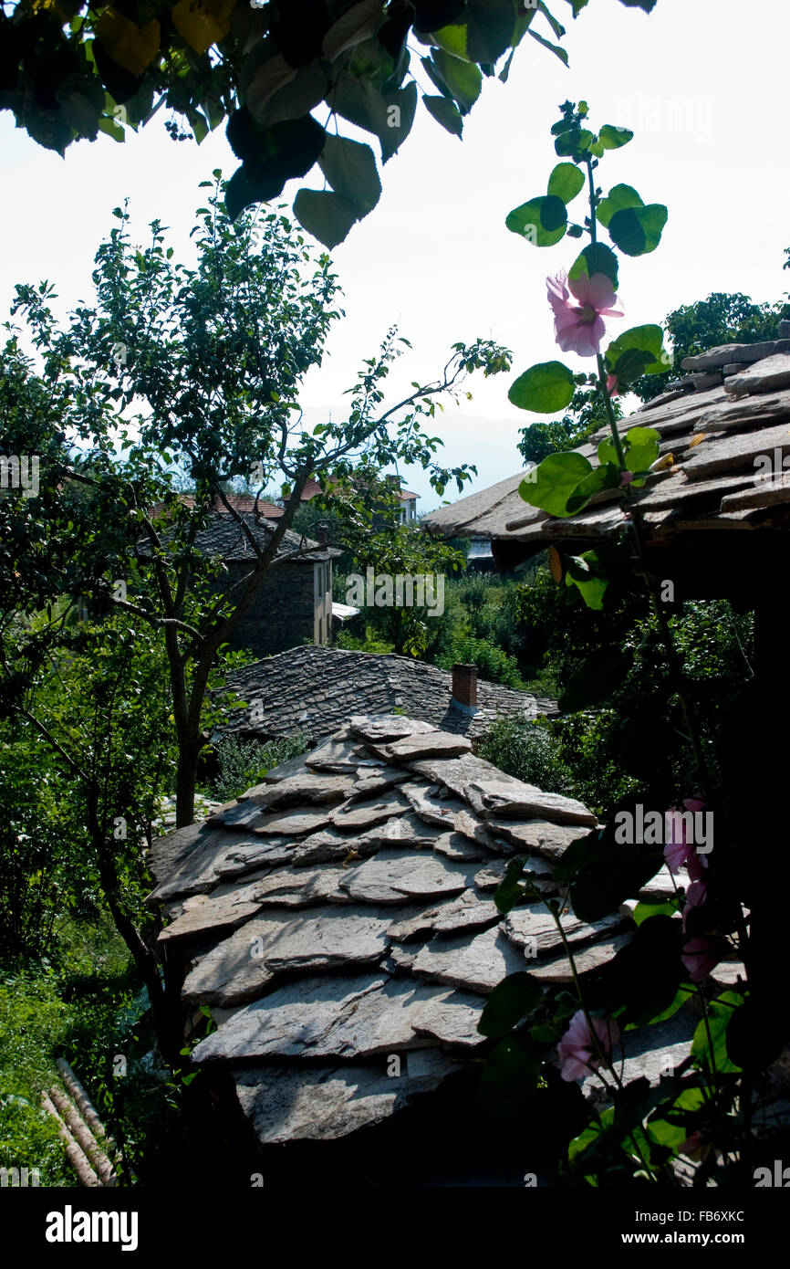 Leshten village, closeup, close up of slate-roof, old bulgarian ...