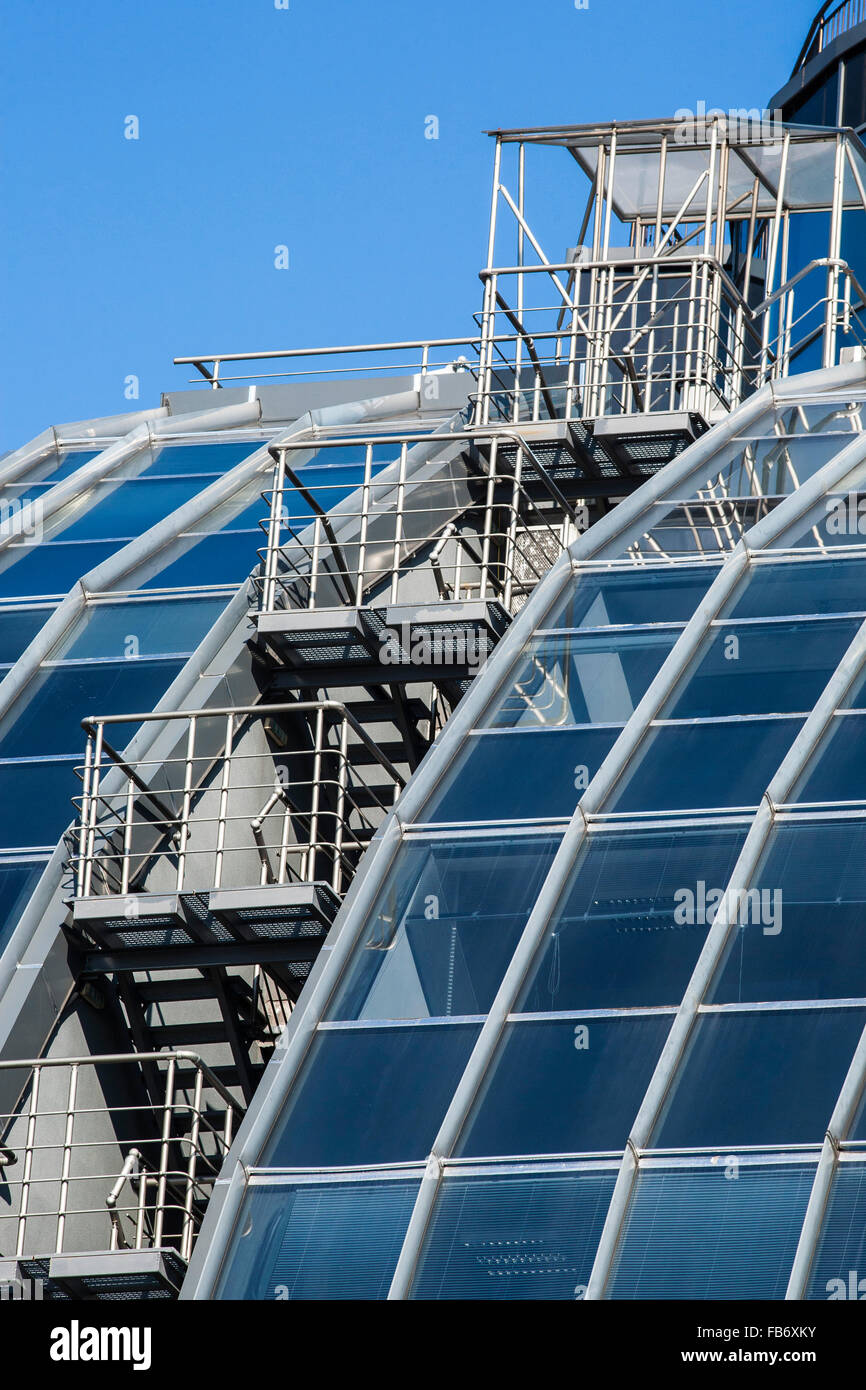 Close up view of modern steel-and-glass architecture, emergency ...