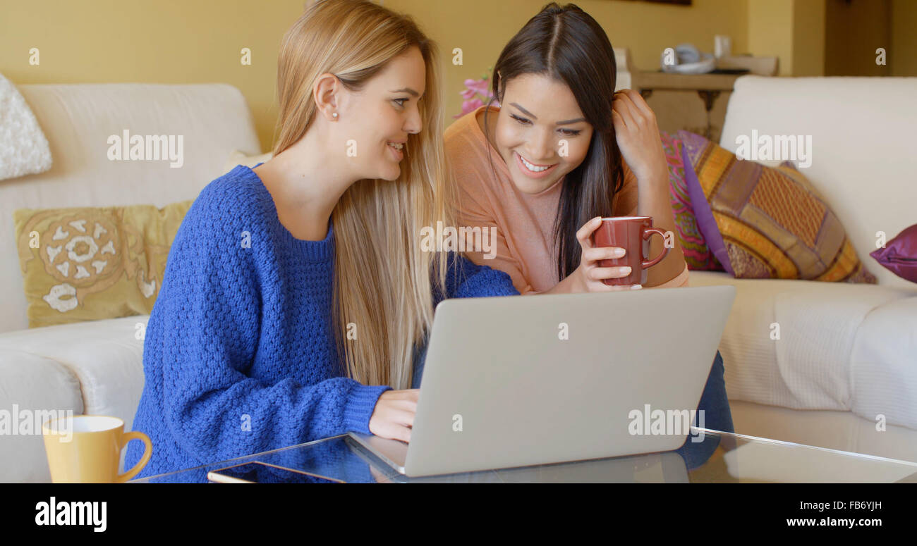 Two happy young women browsing the internet Stock Photo - Alamy