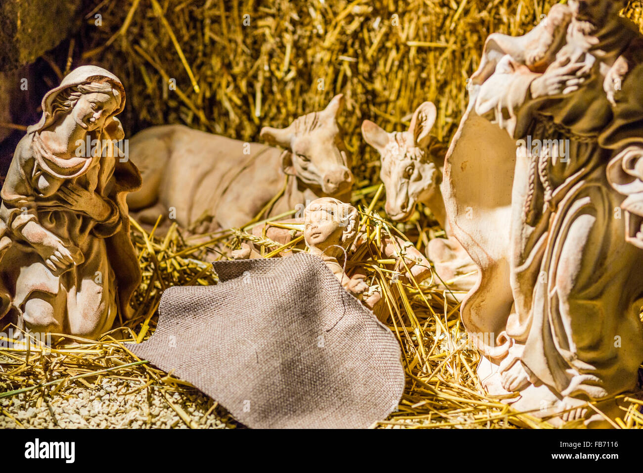 Statues in a Christmas Nativity scene, the Blessed Virgin Mary and ...