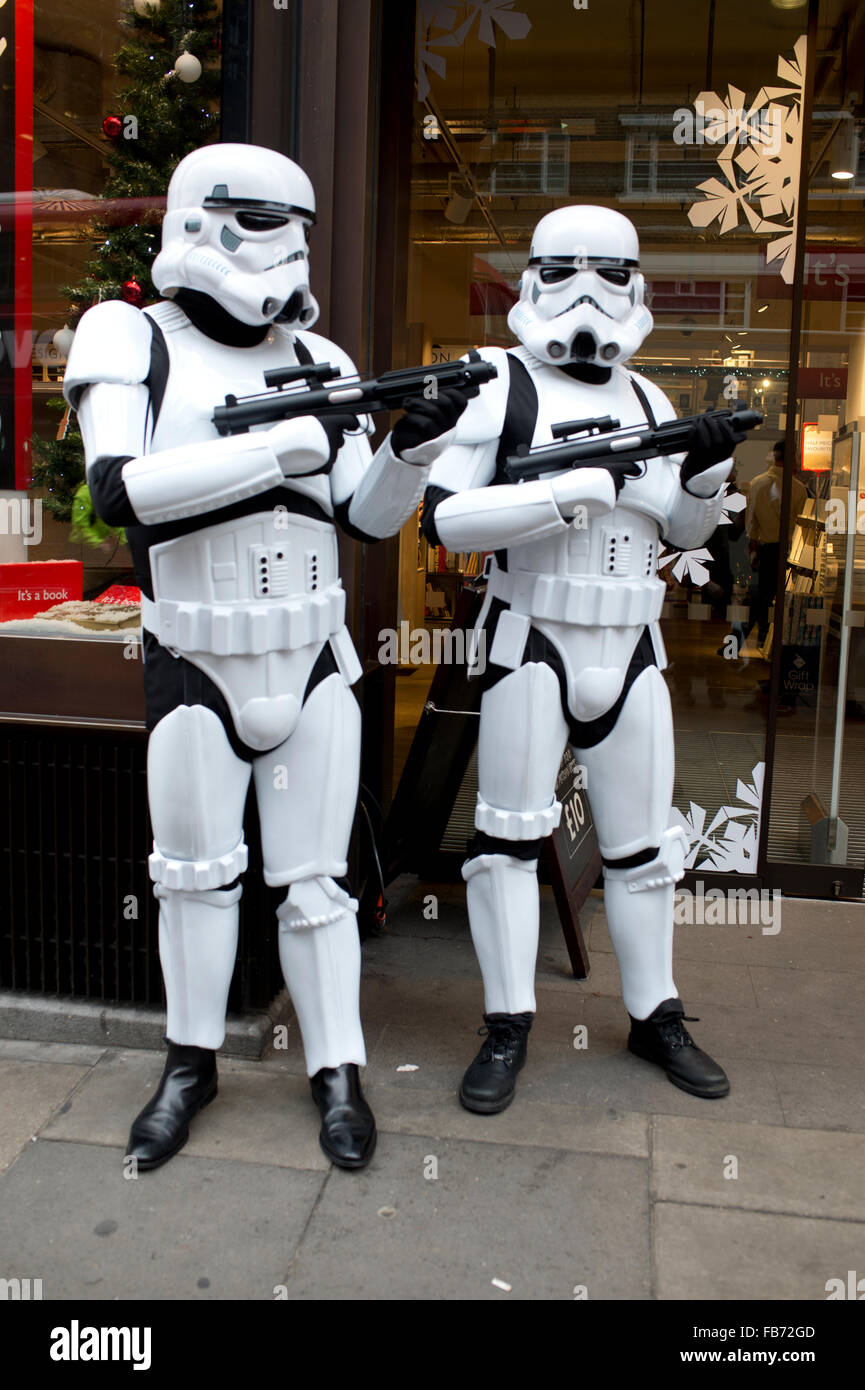 London West End. Star Wars Stormtroopers on the pavement outside Foyles ...