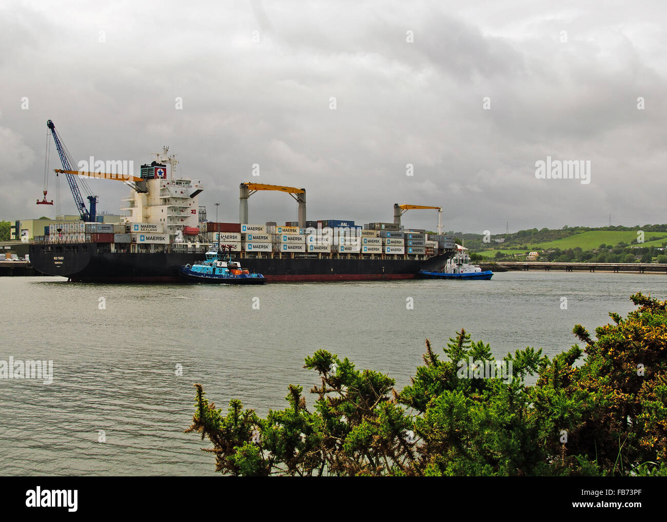 Container ship 'Rio Taku' is assisted in mooring by tug boats 'Alex ...
