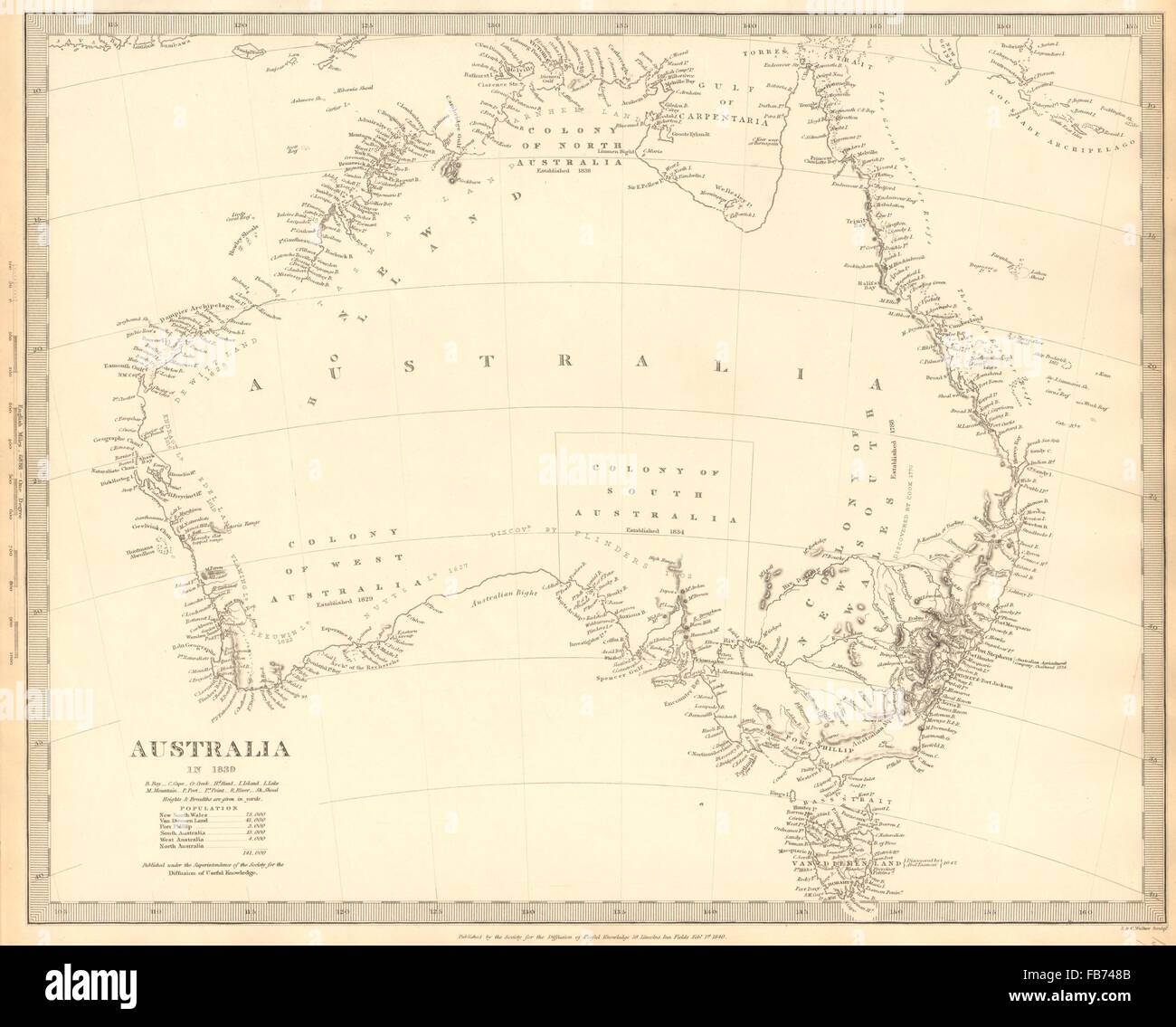 AUSTRALIA IN 1839: Shows dates colonies established. Population. SDUK ...