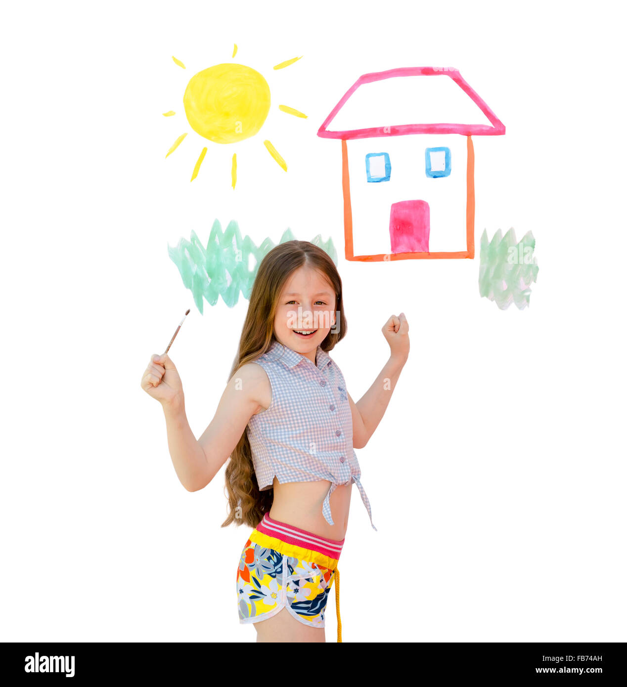 cheerful little girl drew with paints the house and the sun Stock Photo ...