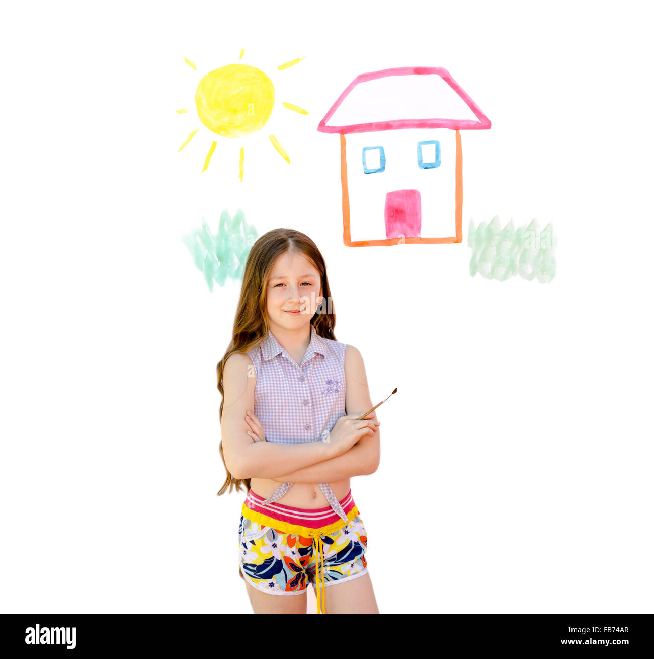 child the girl drew with paints the house and the sun Stock Photo - Alamy