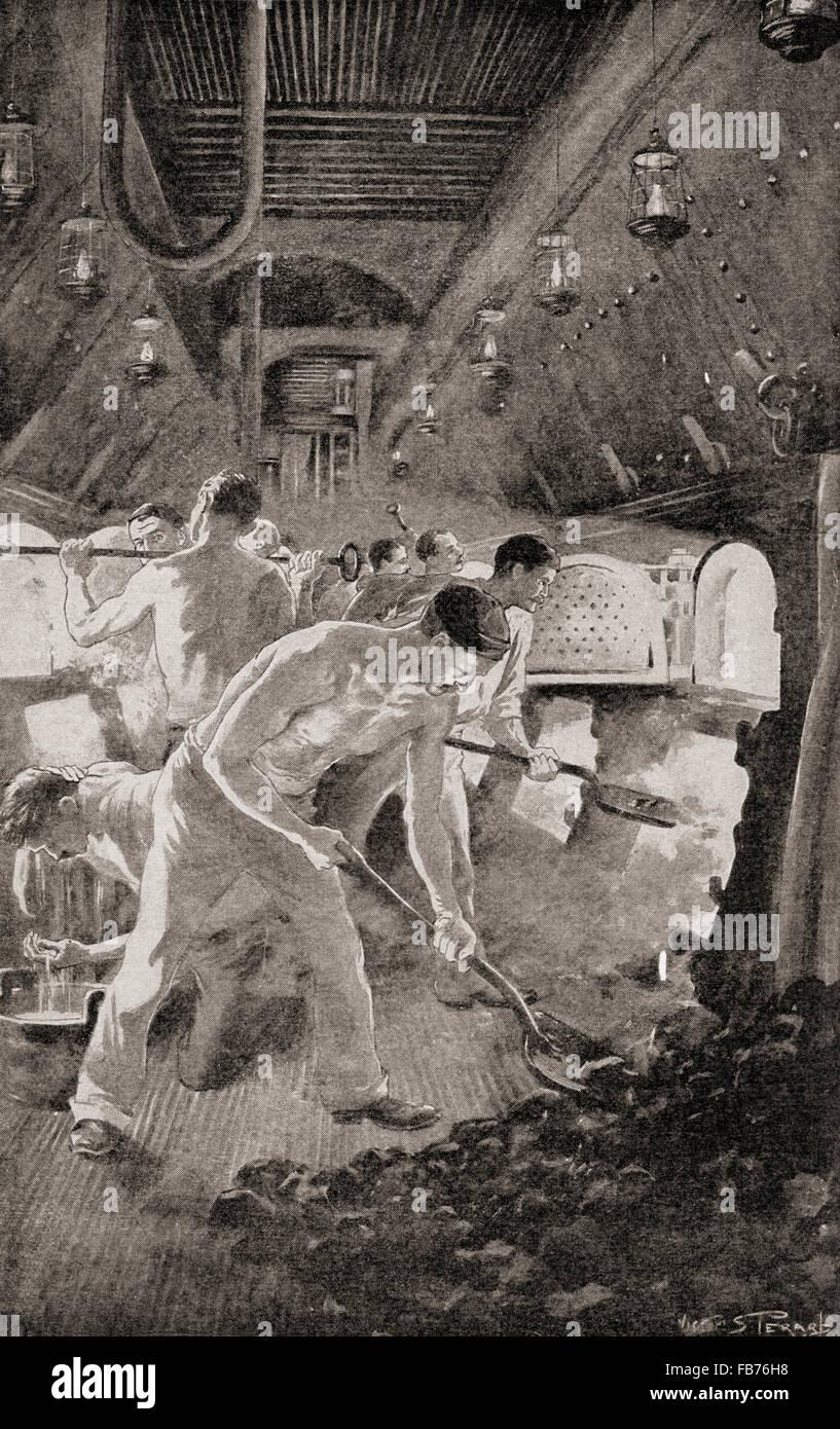 Stokers shoveling coal into furnaces in the engine room of a warship, c ...