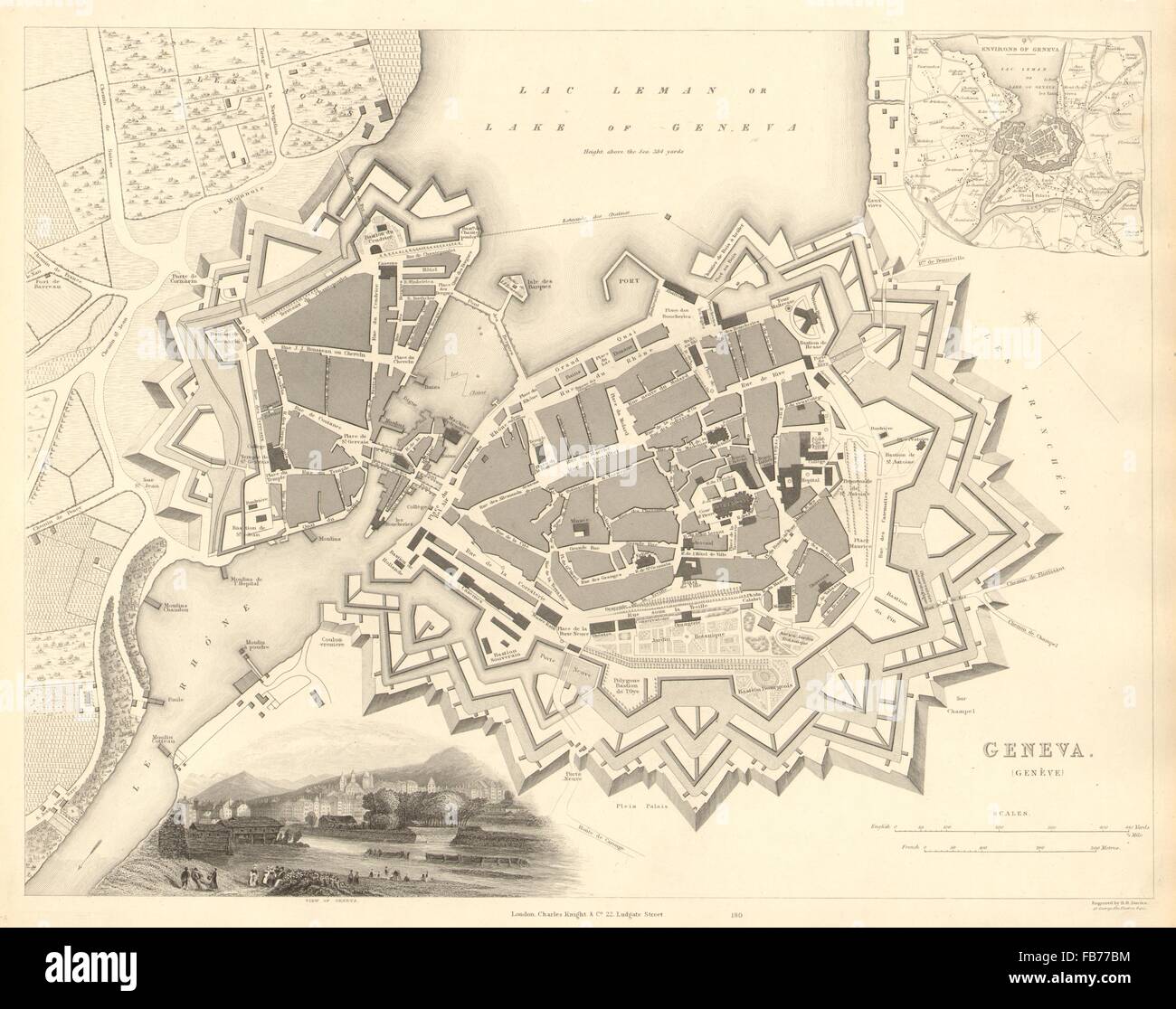 GENEVA GENÈVE GENF: Antique town city map plan. Inset environs of. SDUK ...
