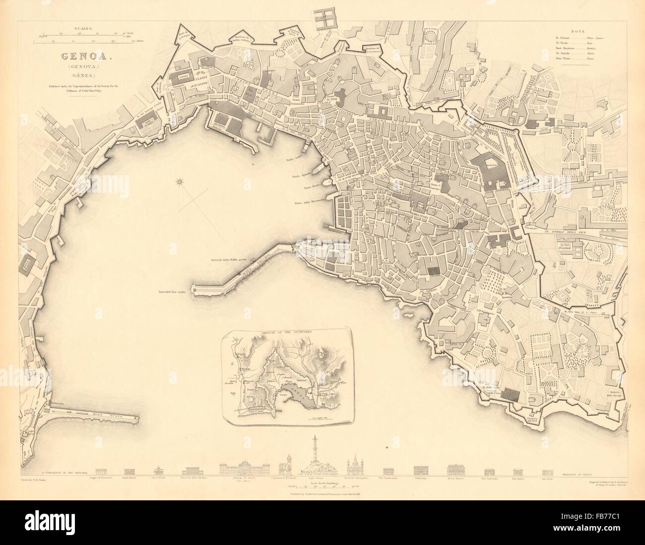 GENOVA (GENOA GÊNES) GÈNES: Antique town city map plan.Inset outworks ...