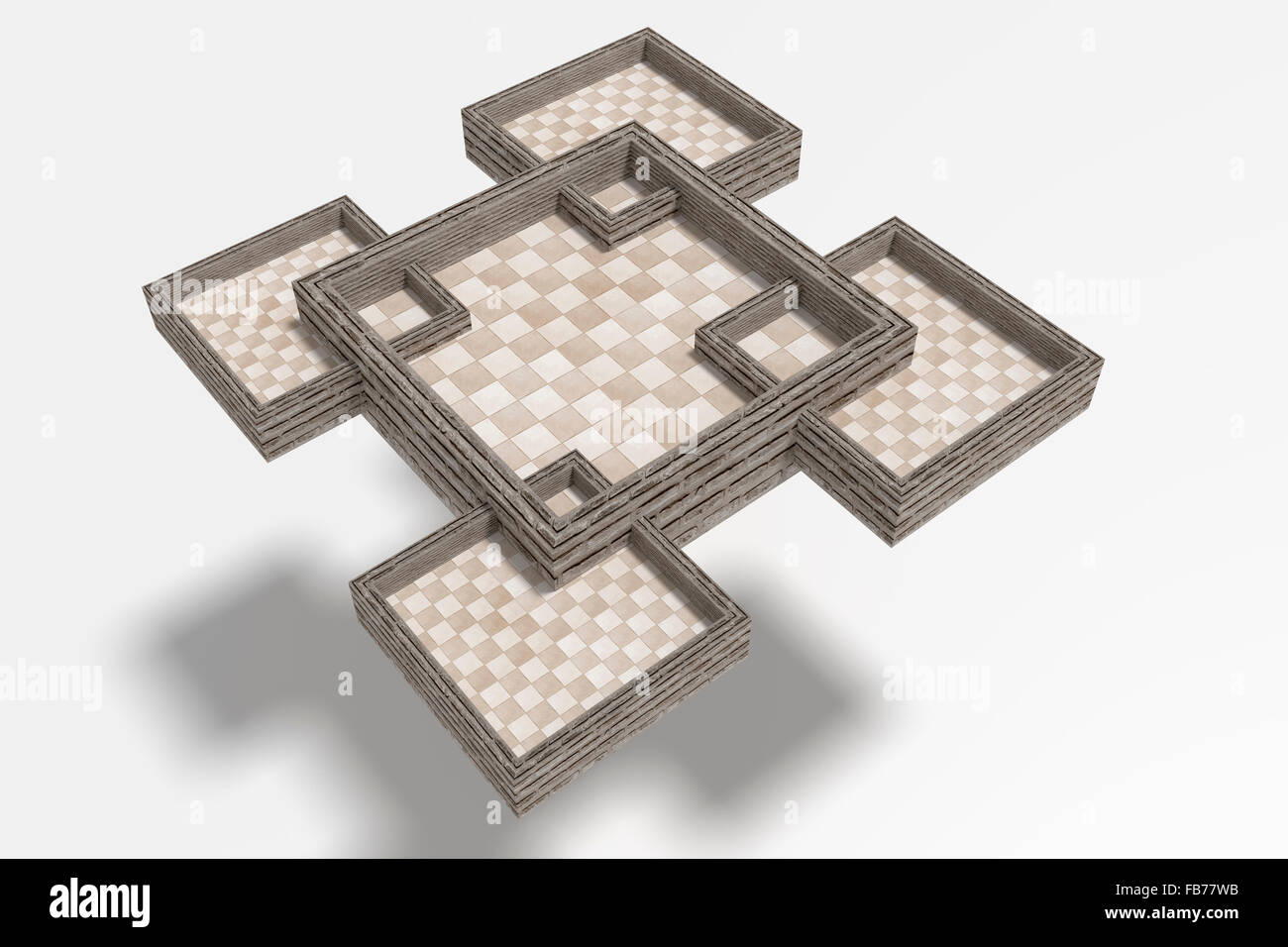 3d rendering of five chess boards on white background. From above Stock ...