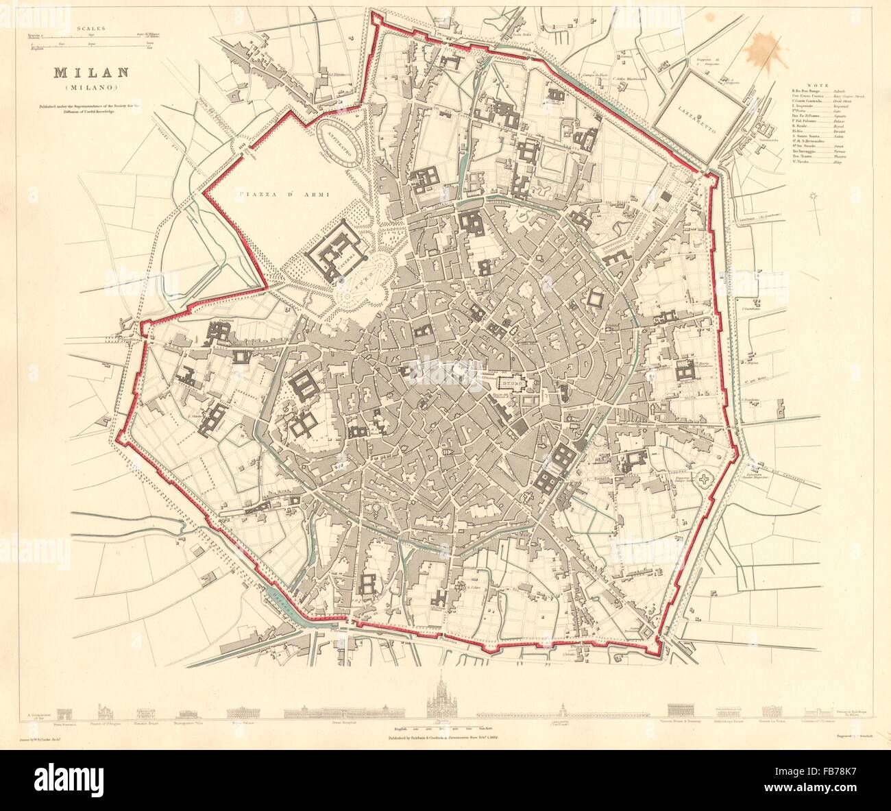 MILAN MILANO: Antique town city map plan. Main buildings profiles. SDUK ...
