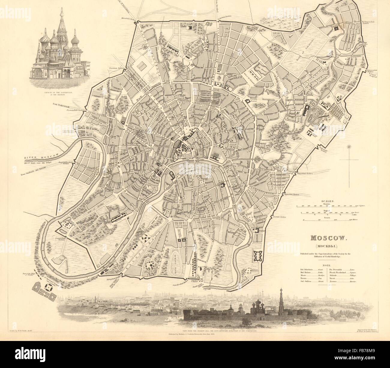 MOSCOW MOSKAU Москва: Antique town city map plan & panorama. SDUK, 1848 ...
