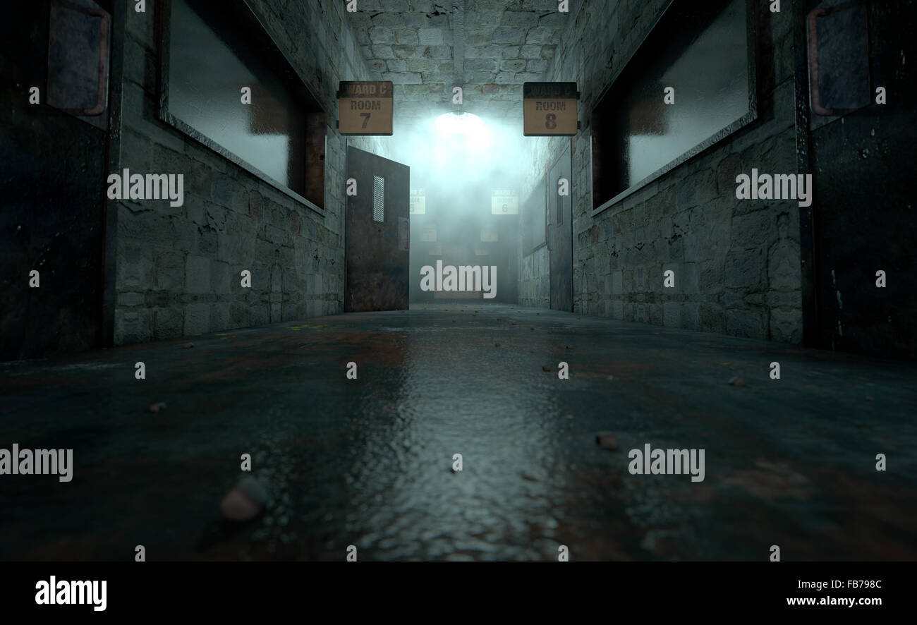 An eerie haunted look down the dimly lit passage of a dilapidated ...