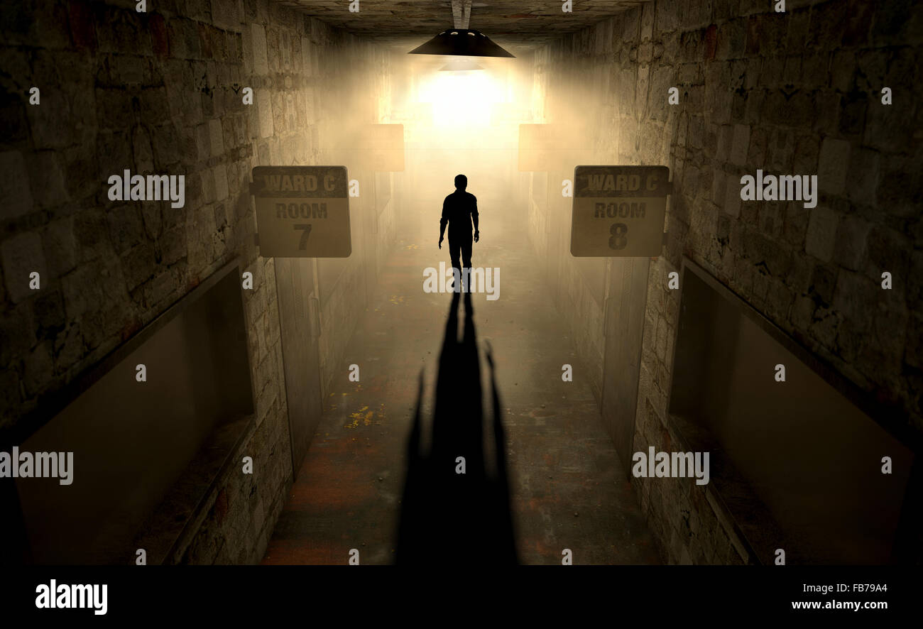 A ghostly figure casts a long shadow down the middle of a dimly lit ...