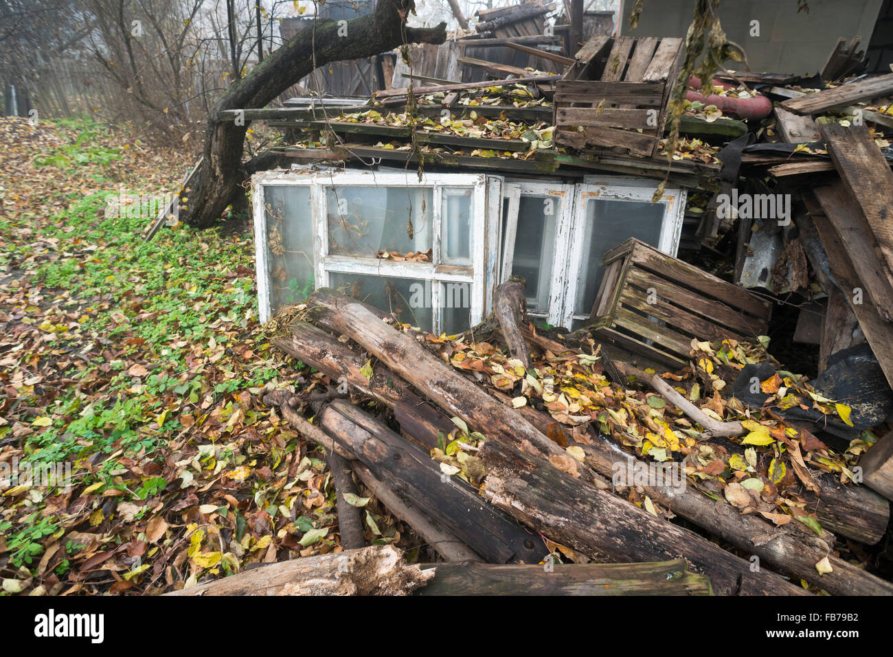 countryside wooden trash place with old white windows Stock Photo - Alamy