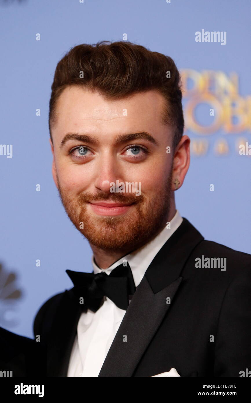 Singer Sam Smith poses in the press room of the 73rd Annual Golden ...