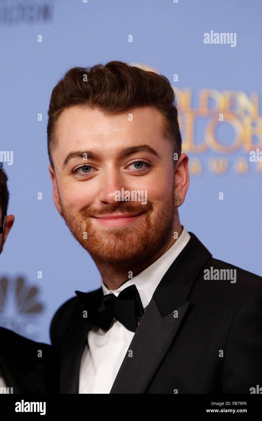 Singer Sam Smith poses in the press room of the 73rd Annual Golden ...
