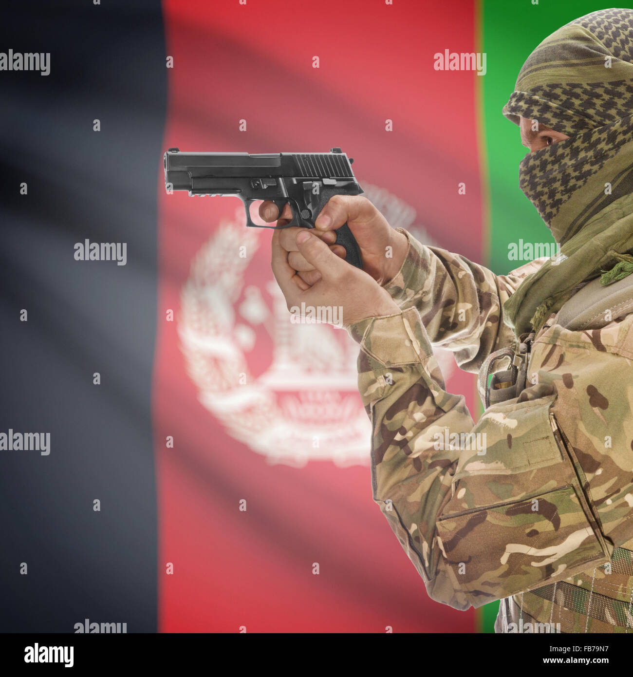 Man with gun in hand and national flag on background series ...