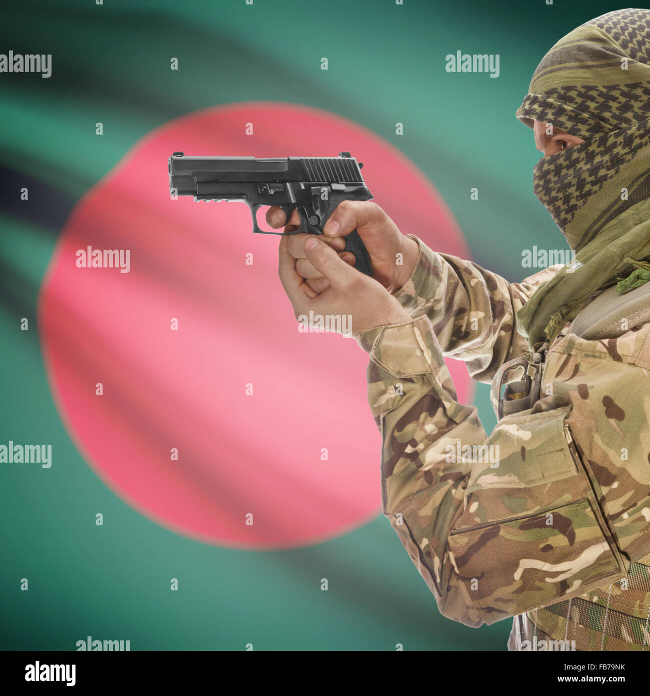 Man with gun in hand and national flag on background series ...