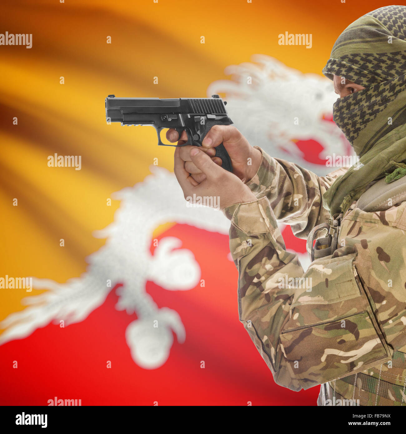 Man with gun in hand and national flag on background series - Bhutan ...