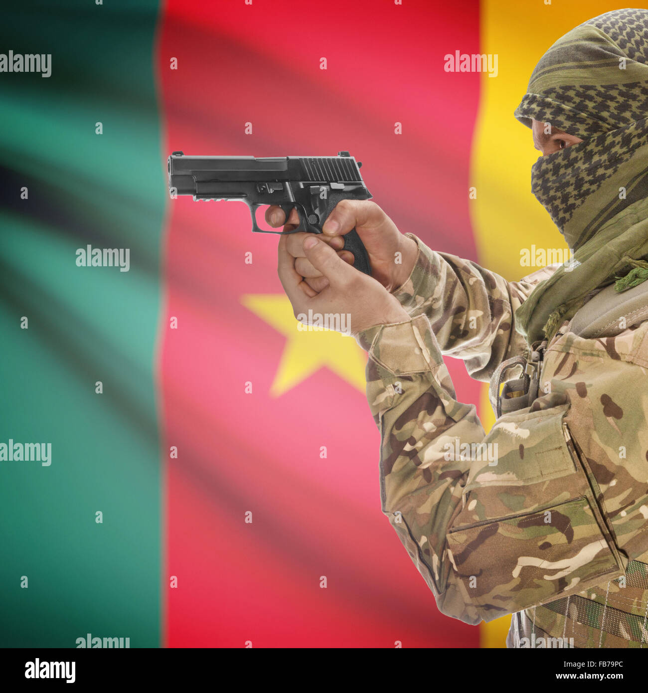 Man with gun in hand and national flag on background series - Cameroon ...