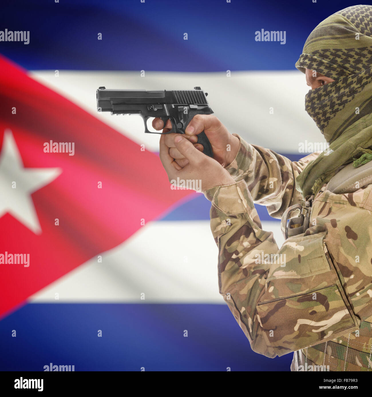 Man with gun in hand and national flag on background series - Cuba ...