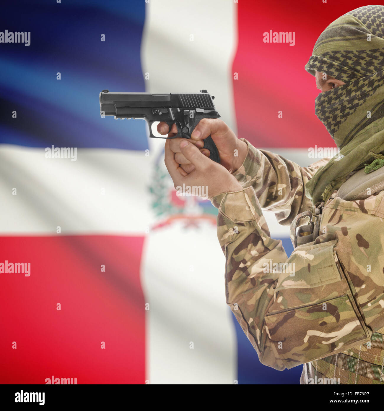 Man with gun in hand and national flag on background series - Dominican ...
