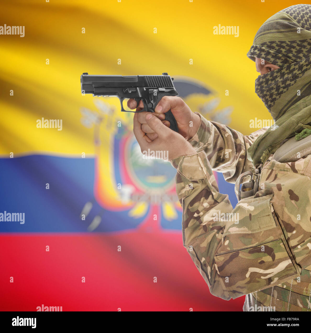 Man with gun in hand and national flag on background series - Ecuador ...