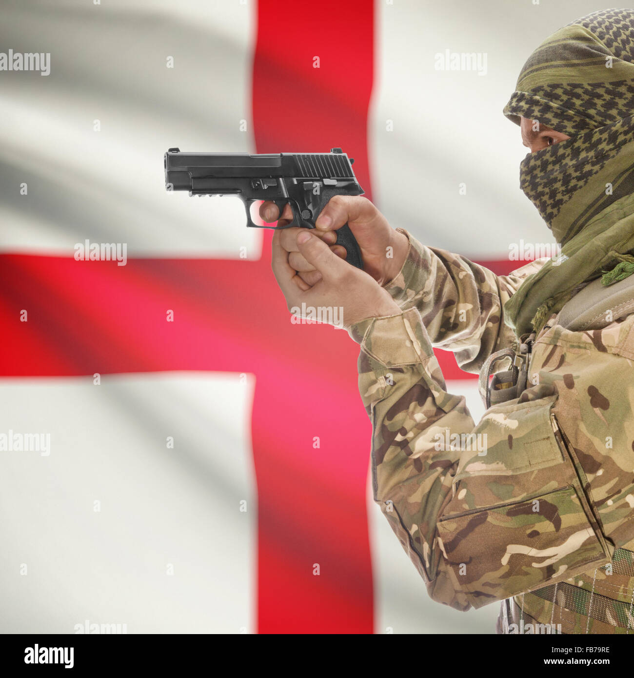 Man with gun in hand and national flag on background series - England ...