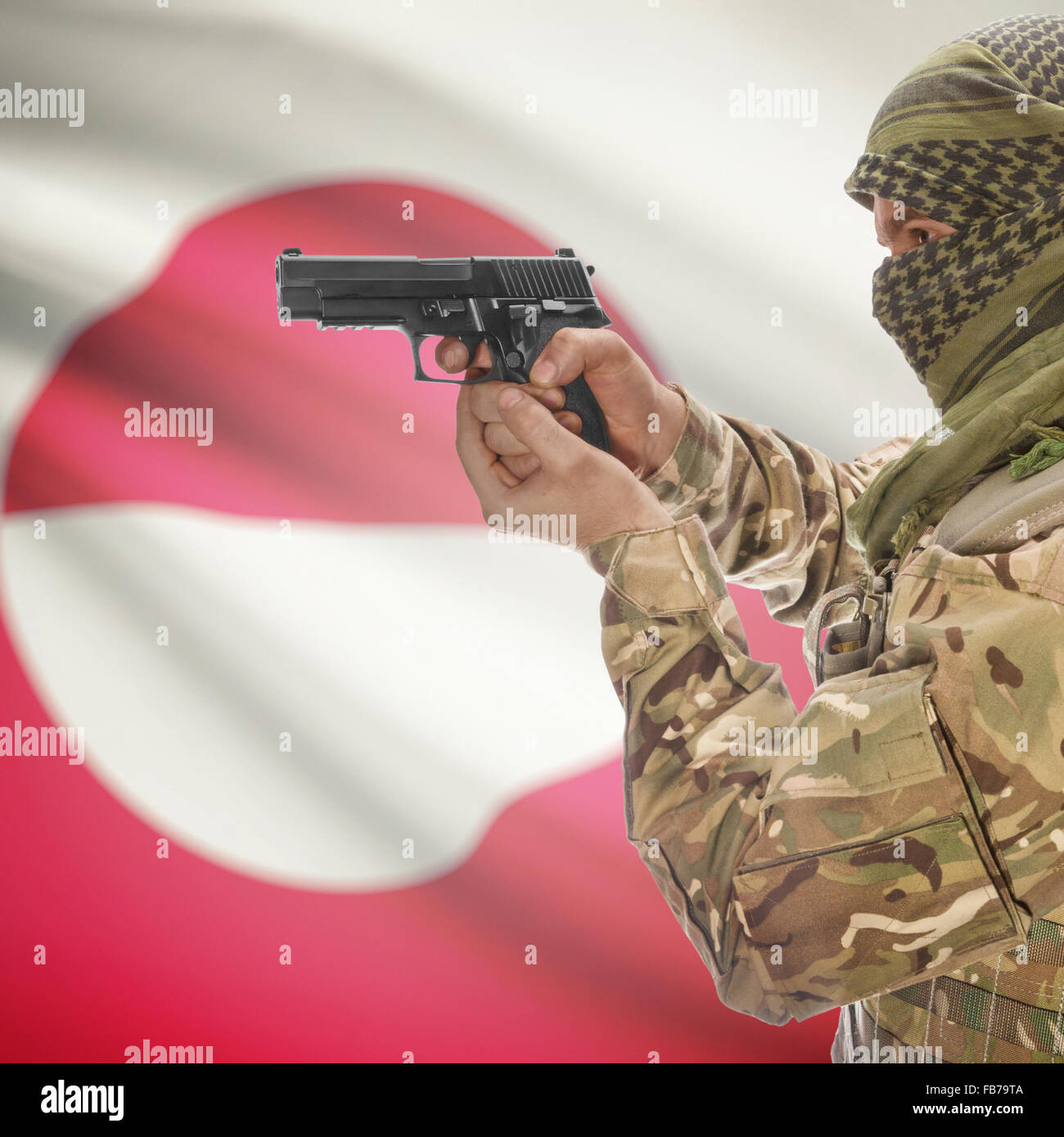 Man with gun in hand and national flag on background series - Greenland ...
