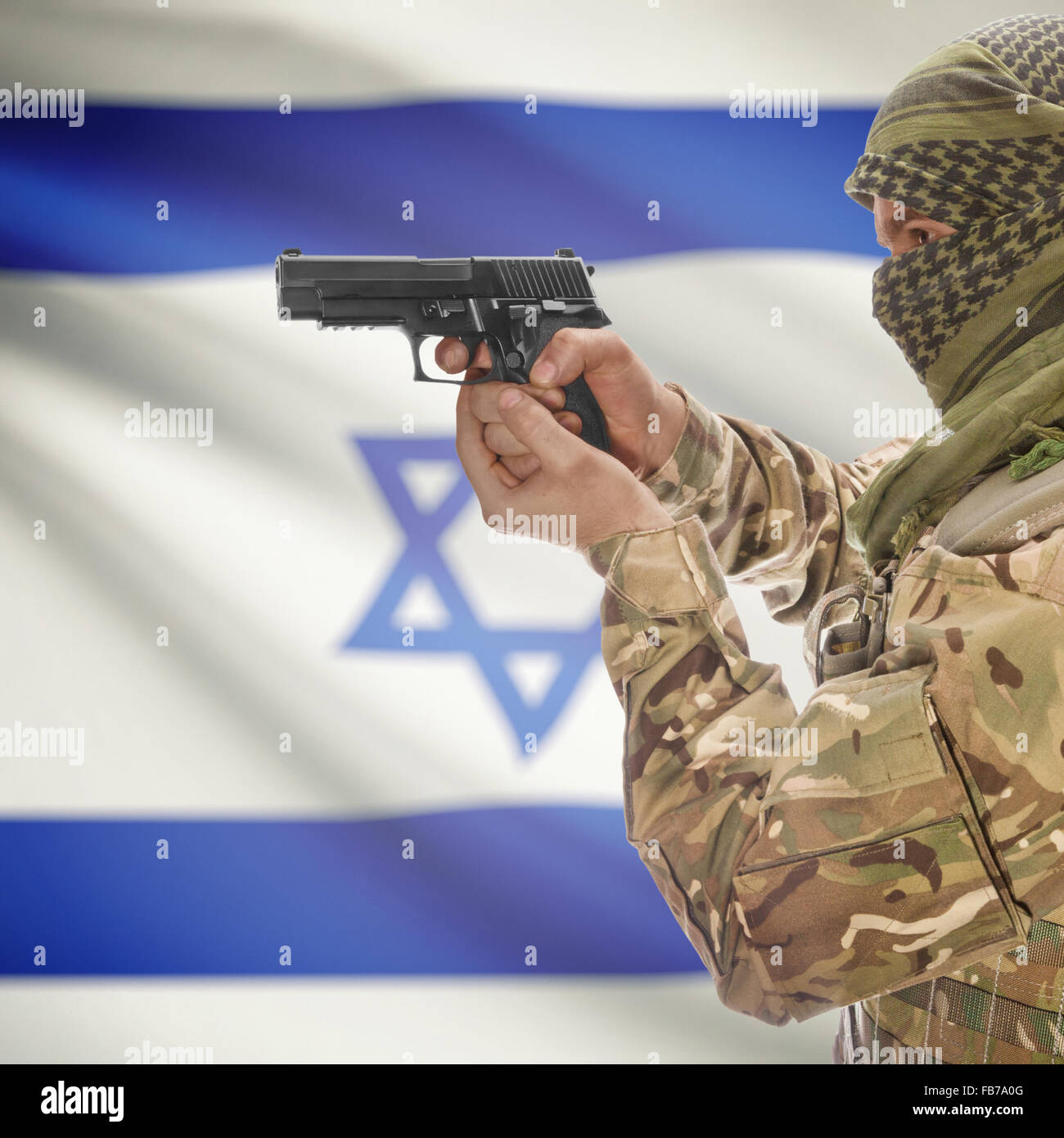 Man with gun in hand and national flag on background series - Israel ...