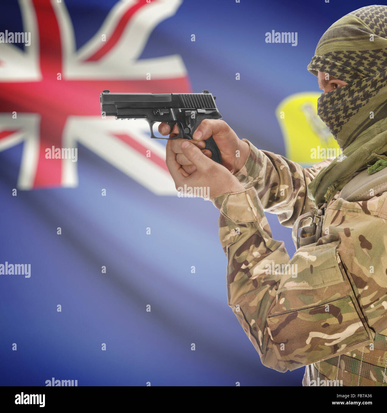 Man with gun in hand and national flag on background series - Saint ...