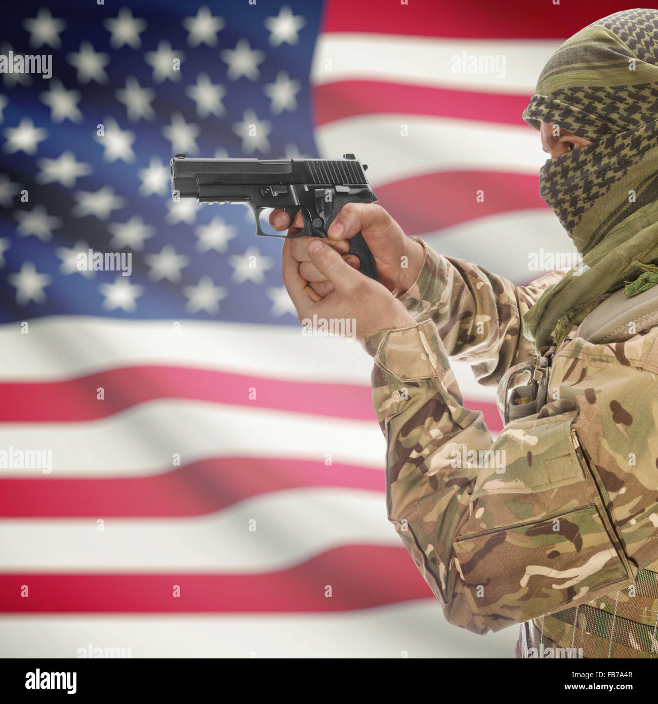 Man with gun in hand and national flag on background series - United ...