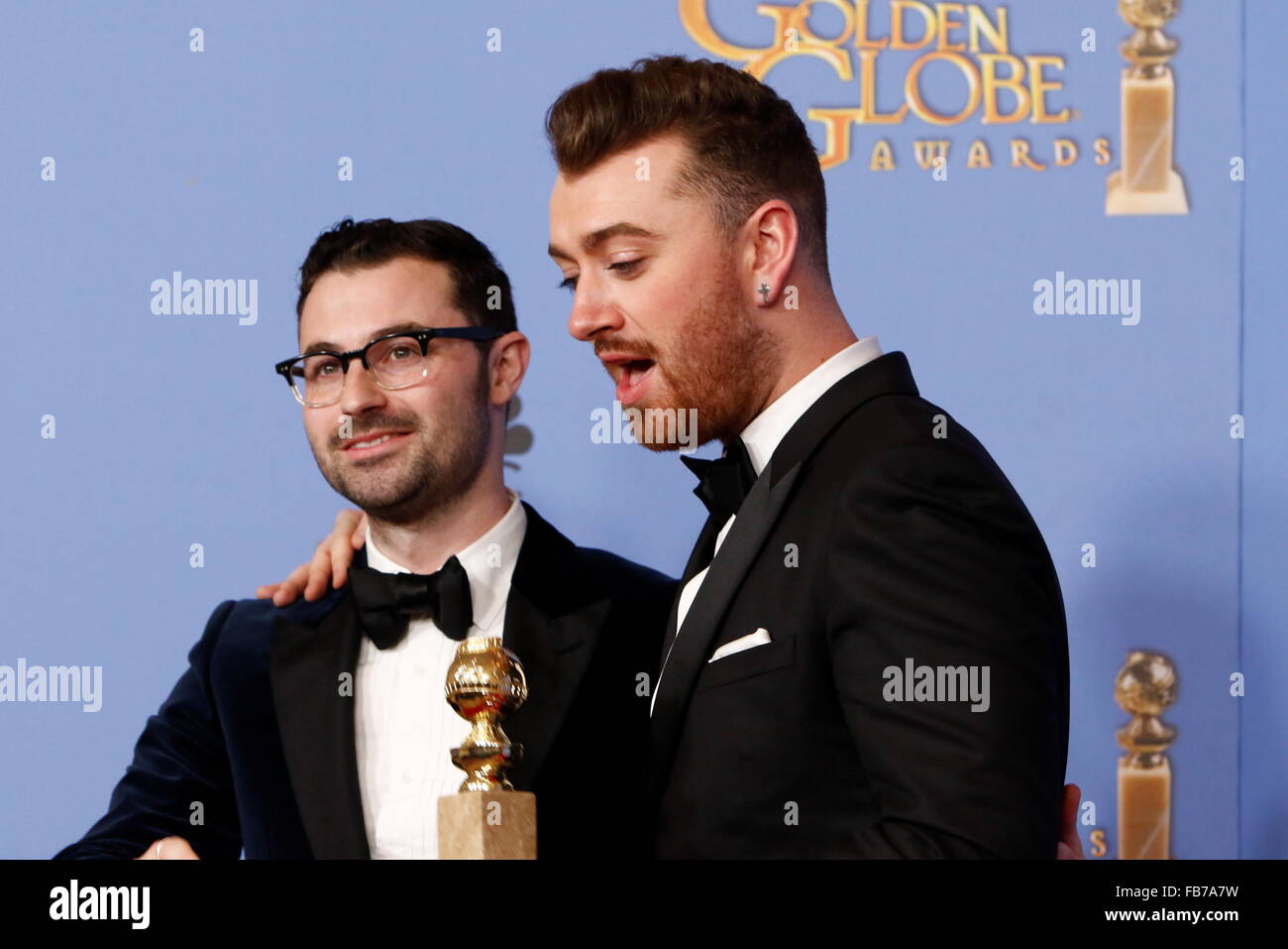 Songwriter James Napier (l) and singer Sam Smith pose in the press room ...