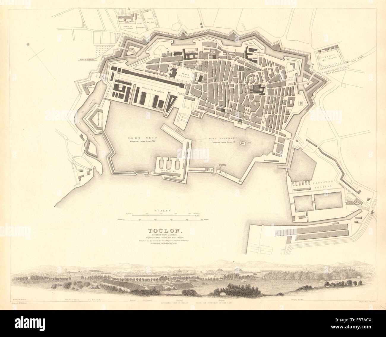 TOULON: Antique town city map plan.Ancient Telo Martius.Panorama view ...