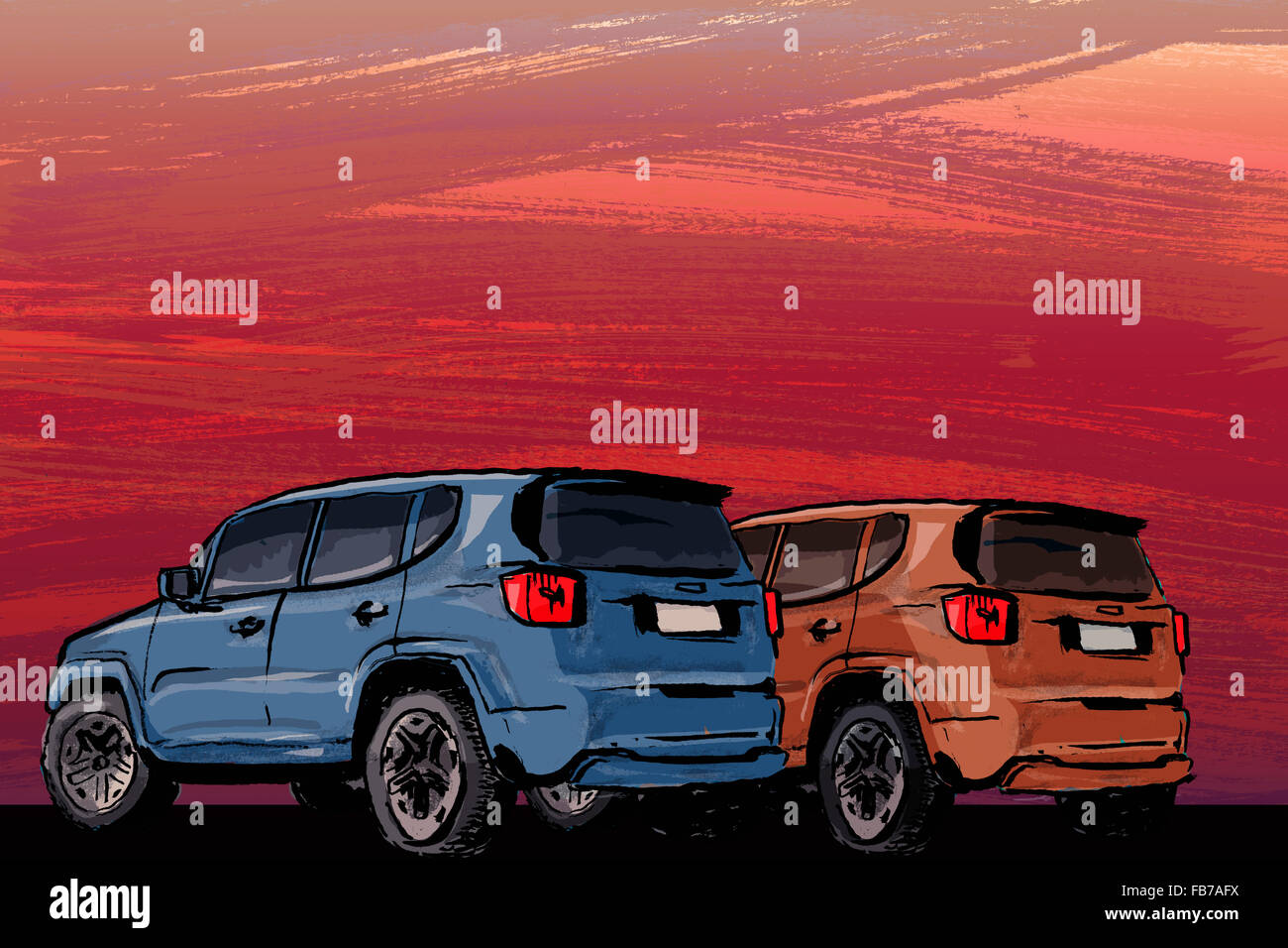 Illustrative image of cars on field during sunset Stock Photo - Alamy