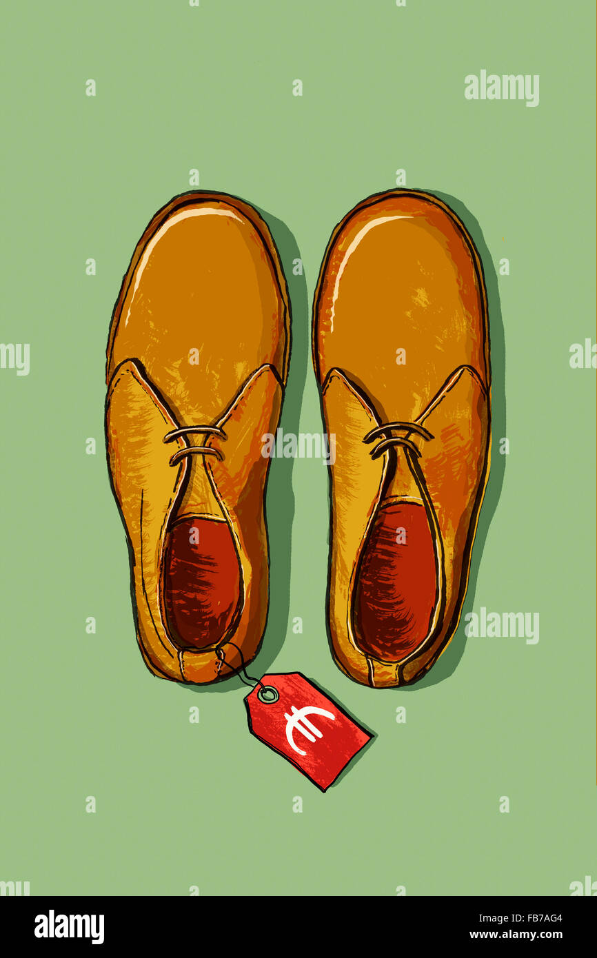 High angle view of shoes with euro price tag Stock Photo - Alamy