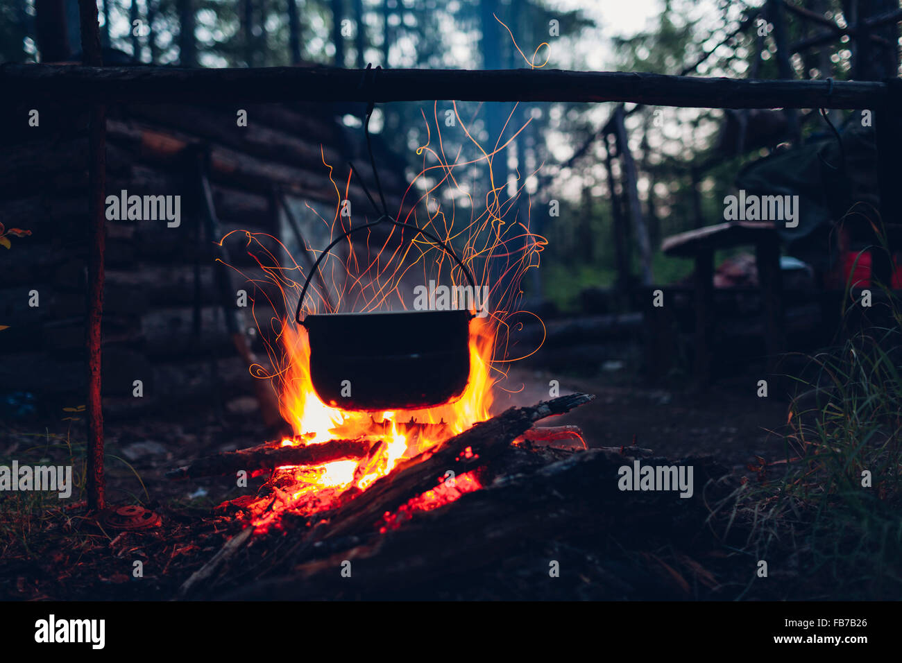 Container hanging over campfire in forest Stock Photo - Alamy