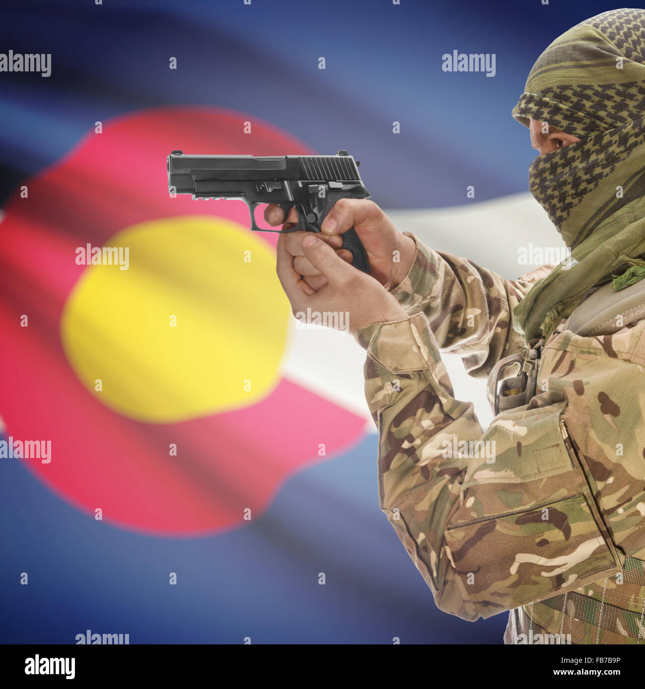 Male with gun in hand and American state flag on background series ...