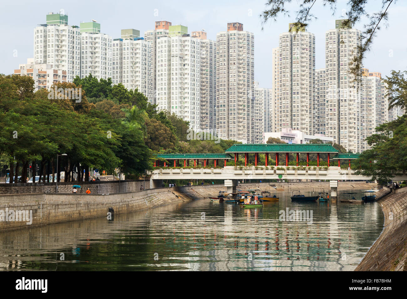 View of a river, bridge and residential buildings in Tai Po New Town ...
