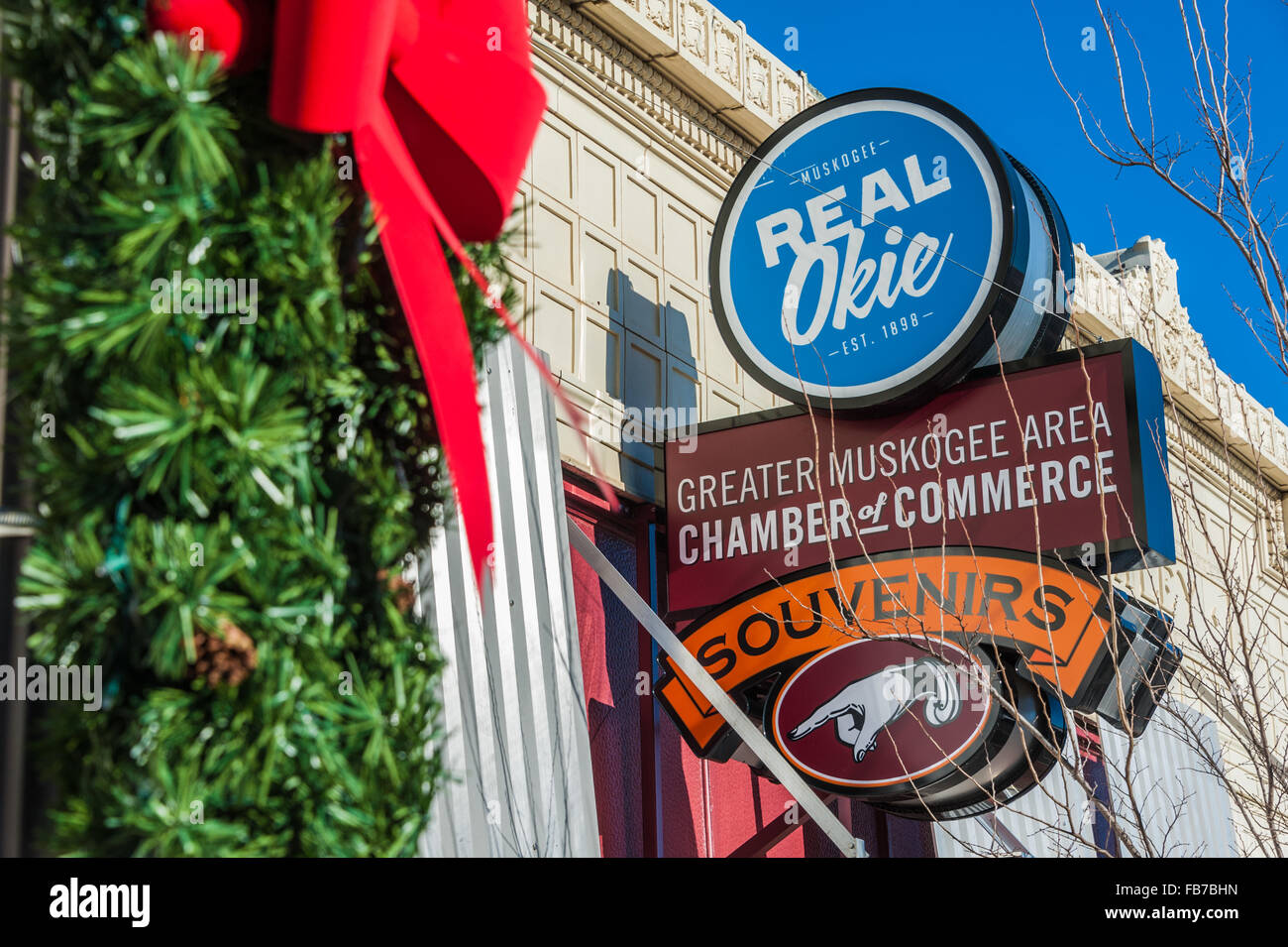 Storefront signage for the Chamber of Commerce in downtown Muskogee ...